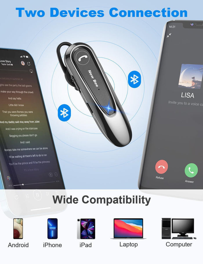 Wireless Bluetooth Headset with Mute Key Noise Cancelling Earpiece New ...
